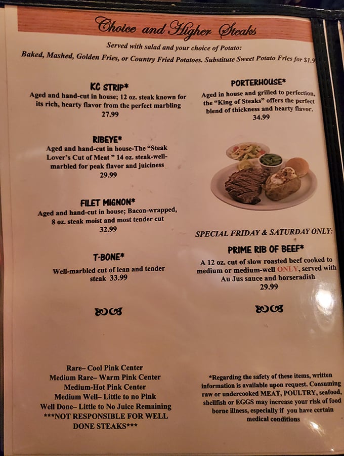 Behold, the sacred text of meat lovers! This menu is like a love letter to beef, with options that'll make your wallet weep and your stomach cheer.