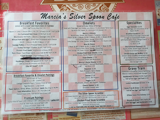 Behold, the sacred text of breakfast devotees! This menu is a roadmap to comfort food nirvana. Choose your own adventure, appetite required.