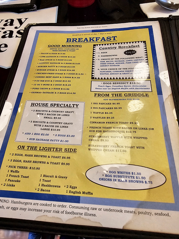 Behold, the sacred text of breakfast devotees! This menu is a roadmap to culinary nirvana, with choices that'll make your taste buds dance.