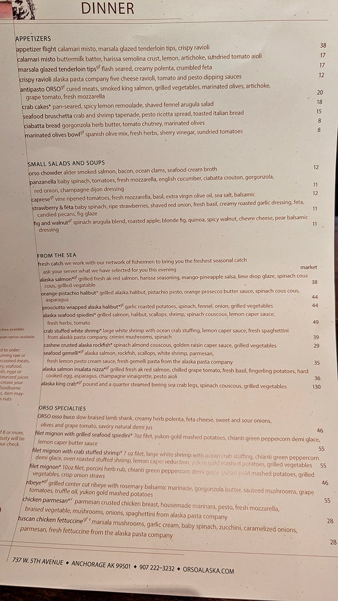 Orso's menu reads like a love letter to Italian-Alaskan fusion. From calamari to king crab, each dish is a tempting siren song for your taste buds.