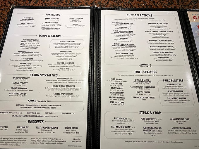 Decisions, decisions! This menu is like a treasure map for your taste buds, with X marking the spot for everything from Cajun specialties to succulent steaks.