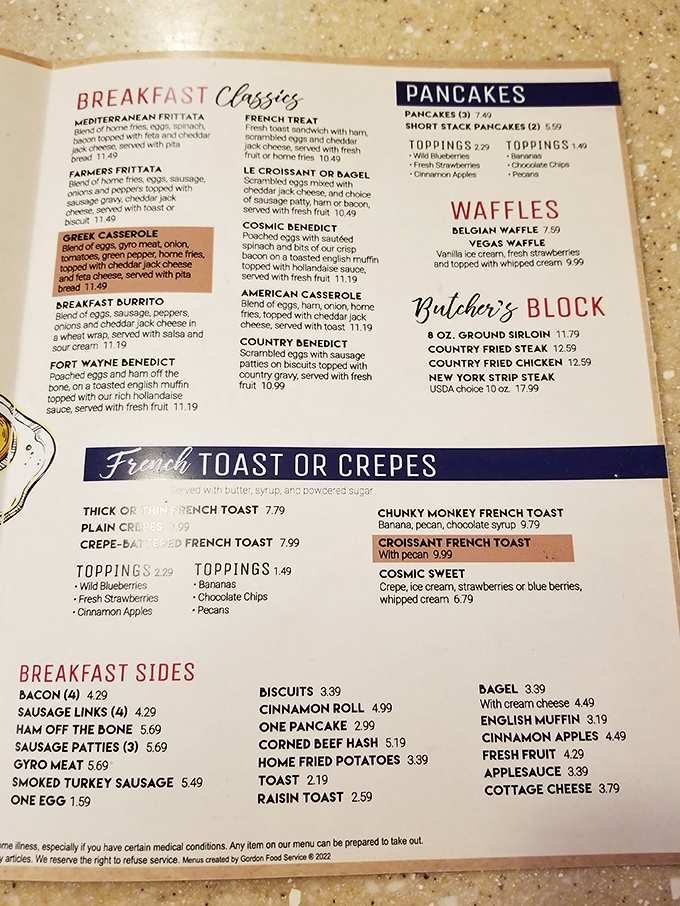 Decisions, decisions! This menu is a breakfast lover's dream, offering everything from classic eggs Benedict to indulgent French toast creations.