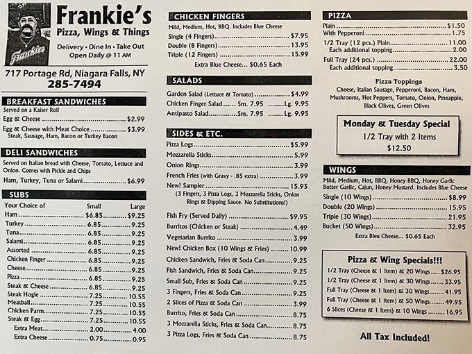 Behold, the sacred text of Frankie's! A menu that reads like a love letter to carb enthusiasts everywhere.