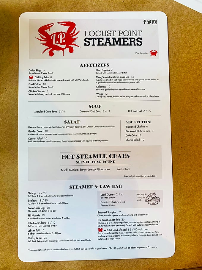 Behold, the sacred text of seafood salvation! This menu is like a treasure map, with X marking the spot for your taste buds' next adventure.