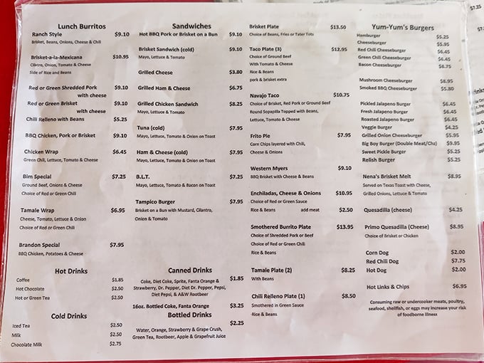 Behold, the sacred text of Yum-Yum's! This menu is like a roadmap to flavor country, with pit stops at Burrito Boulevard and Donut Drive.