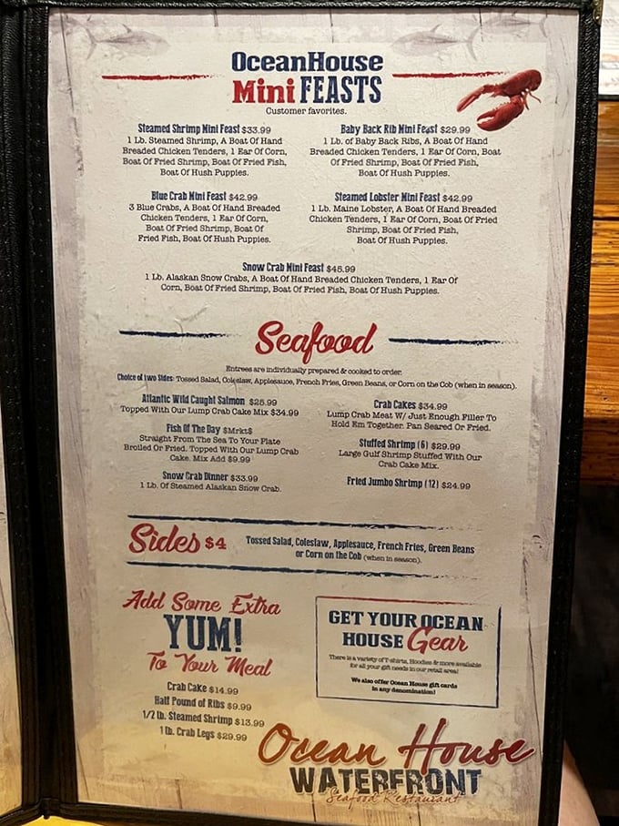 Feast your eyes on this menu of mini feasts! It's like a treasure map where X marks the spot for delicious seafood.