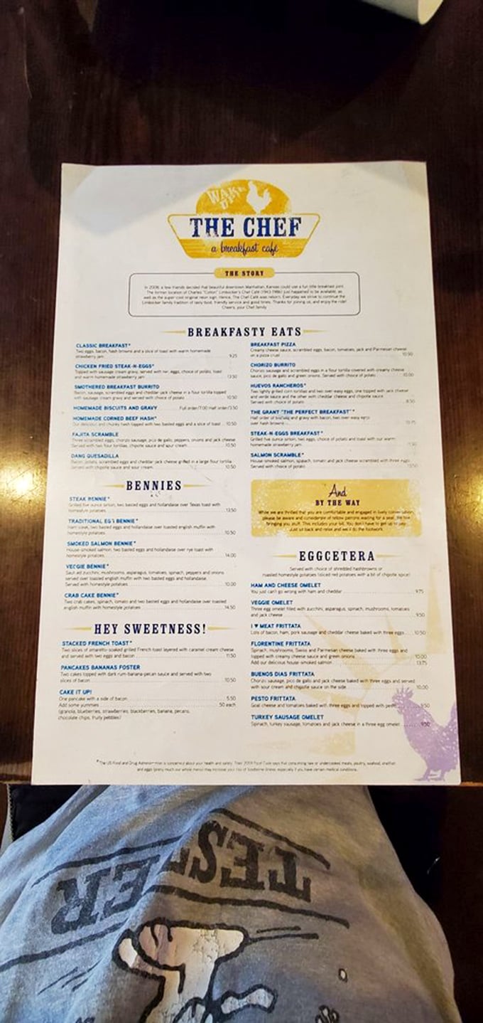 Behold, the sacred text of morning delights! The Chef's menu is a treasure map of culinary adventures, from classic comforts to creative concoctions that'll make your taste buds do a happy dance.