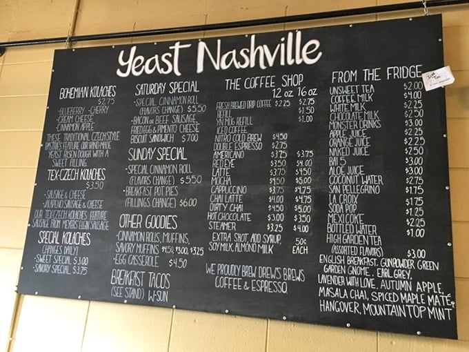 Decisions, decisions! This chalkboard menu is a roadmap to deliciousness, offering everything from kolaches to cinnamon rolls. Choose your own adventure!