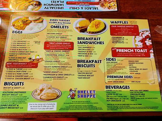 Behold, the sacred scrolls of breakfast! This menu is a treasure map leading to fluffy omelets and crispy hash browns galore.
