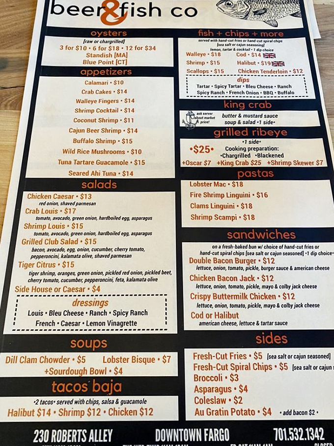 Talk about a treasure map! This menu is a seafood lover's dream, with everything from oysters to fish tacos. Davy Jones' locker never looked so delicious.