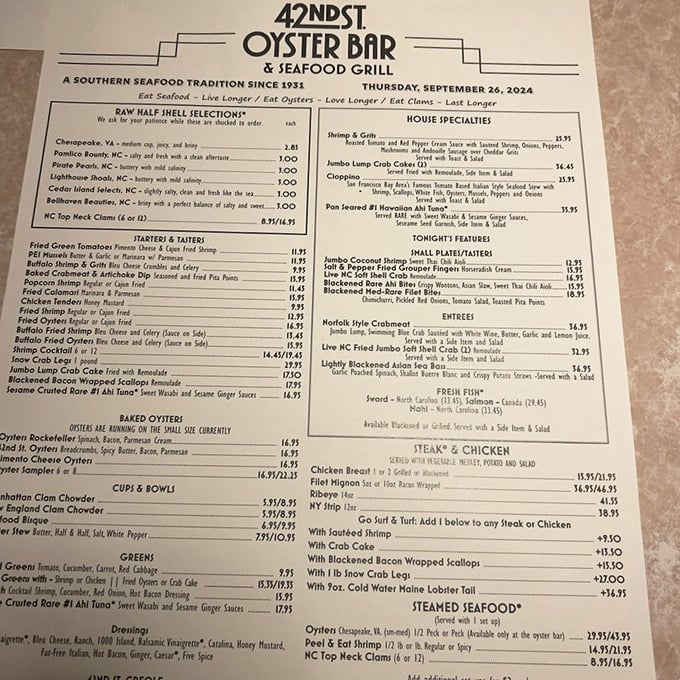 A menu that reads like a love letter to the ocean. From raw bar delights to Southern specialties, it's a choose-your-own-adventure for seafood lovers.