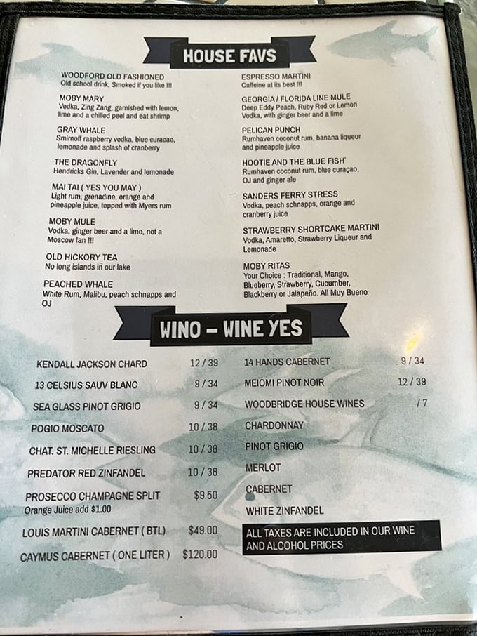 This drink menu is a liquid treasure map! From the "Gray Whale" to the "Peached Whale," each concoction promises a voyage of flavor.