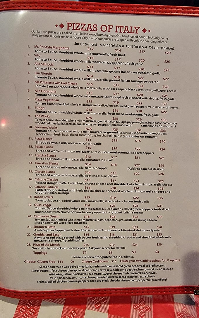 Decisions, decisions! This menu is a pizza lover's dream, offering everything from classic Margherita to adventurous gourmet creations.