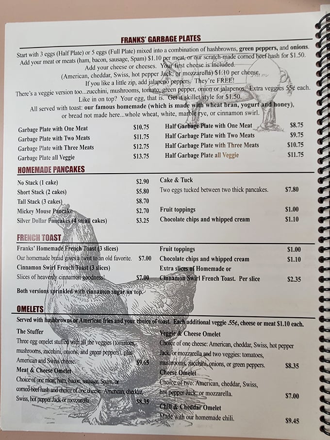 Behold, the menu of champions! Where "Garbage Plate" is a term of endearment and pancakes come in all sizes, just like us after eating here.