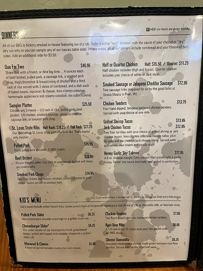 Decisions, decisions! This menu is a carnivore's dream, offering a mouthwatering array of smoky delights that'll have you plotting your next visit.