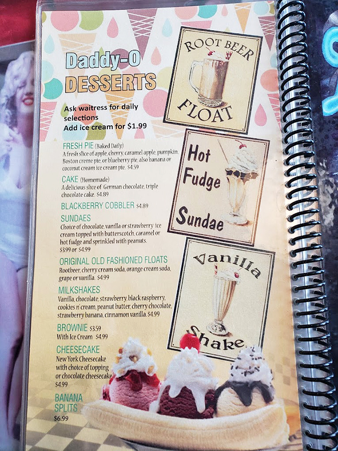 Behold, the menu of champions! From 'Daddy-O Desserts' to 'Old Fashioned Floats,' it's like reading a love letter to your taste buds.