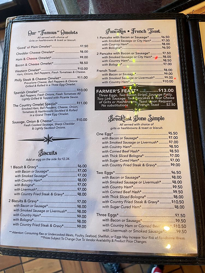 Behold, the sacred scrolls of breakfast! This menu is a roadmap to deliciousness, with omelets leading the charge to flavor town.