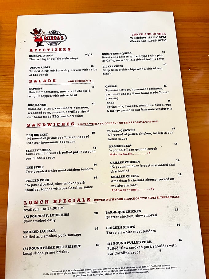 Behold, the sacred text of Bubba's! This menu is like a love letter to carnivores, written in sauce and sealed with a smoky kiss.