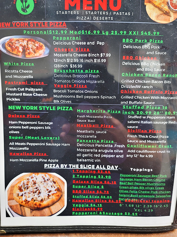 Behold, the sacred text of pizza lovers! This menu is like a treasure map, guiding you to your perfect pie paradise.