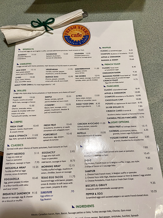 Menu madness! With options from 'Mile High' to 'Buenos Dias,' this menu is a culinary passport. No need for TSA checks here, folks.
