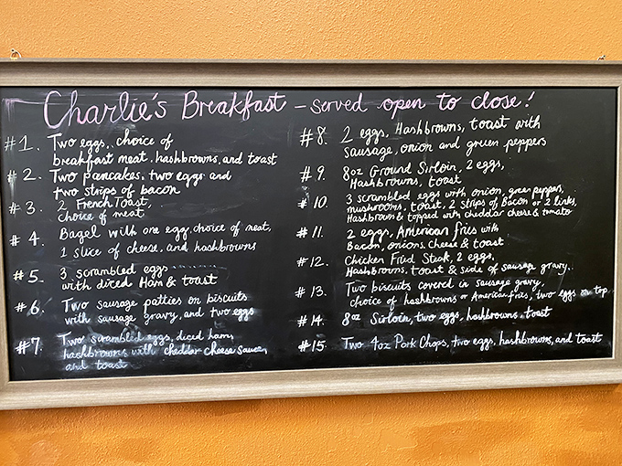 Breakfast all day? Now that's my kind of menu! Charlie's chalkboard offerings are a love letter to morning classics.