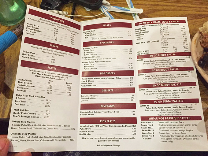 Decisions, decisions! This menu is like a roadmap to barbecue bliss. Pro tip: Bring your appetite and a few friends to sample it all.