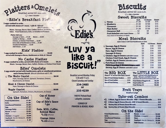 Behold, the sacred text of Edie's! This menu is like a roadmap to breakfast nirvana, with biscuits as your trusty guide.
