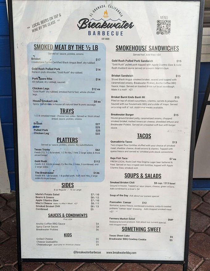 A menu that reads like a love letter to smoked meats. Warning: May cause spontaneous drooling and uncontrollable cravings.