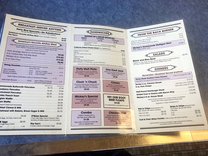Decisions, decisions! Mickey's menu is a greatest hits album of diner classics. From "Chuck 'n Chuck" to "Mickey's Mulligan Stew," each dish sounds like a warm hug for your taste buds.