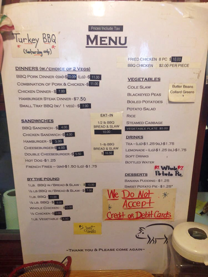 Simple menu, complex flavors. This board is a roadmap to barbecue bliss, with prices that'll make your wallet as happy as your stomach.