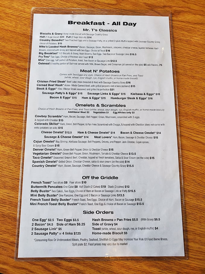 Behold, the sacred text of breakfast! This menu is a love letter to morning indulgence, promising delights that'll make your taste buds do a happy dance.