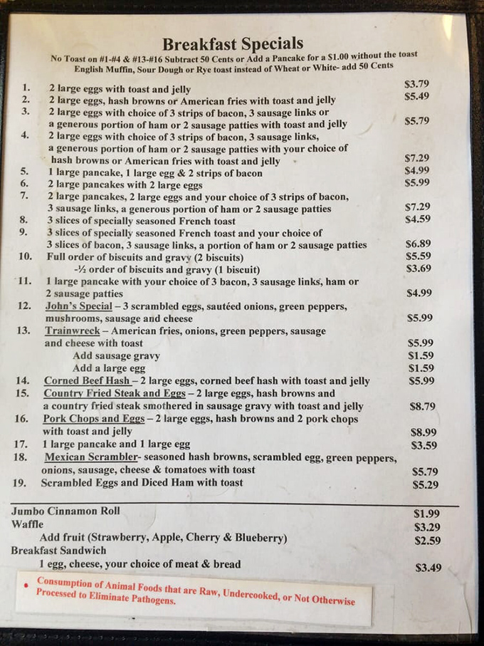 A menu that reads like a love letter to breakfast! From "John's Special" to the intriguingly named "Trainwreck," each item promises a delicious adventure.