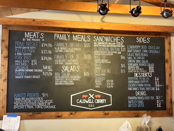 Behold, the sacred text of meat lovers! This menu board is like a roadmap to deliciousness, with prices that won't break the piggy bank.