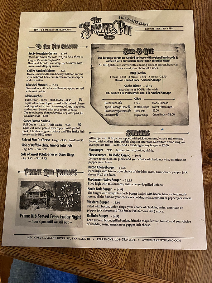A menu that reads like a carnivore's bucket list. From Rocky Mountain Oysters to prime rib, it's a culinary journey through the Old West.