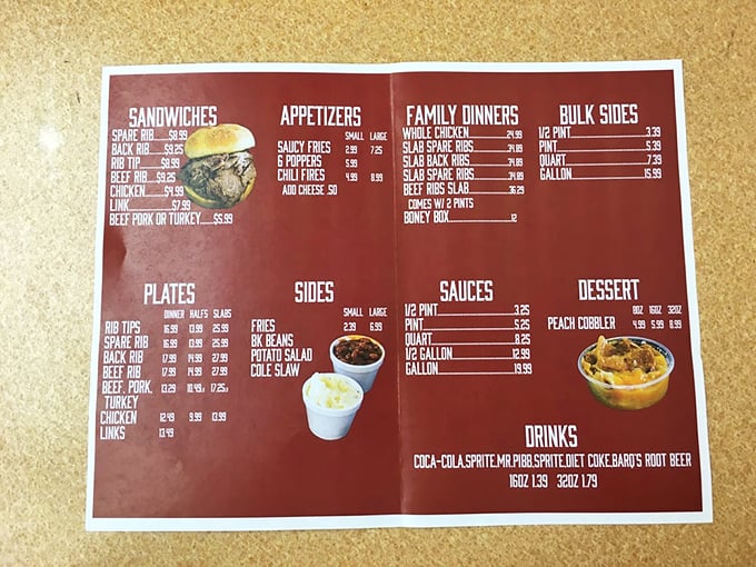 Decisions, decisions! This menu is like a roadmap to flavor town, with pit stops at Saucy Fries Junction and Peach Cobbler Avenue.