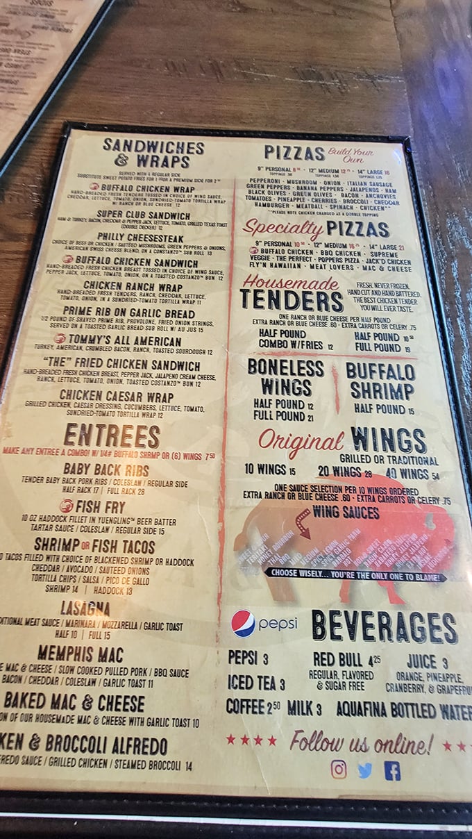 This menu is a treasure map of taste, with X marking the spot for everything from wings to wraps. Choose your own culinary adventure!