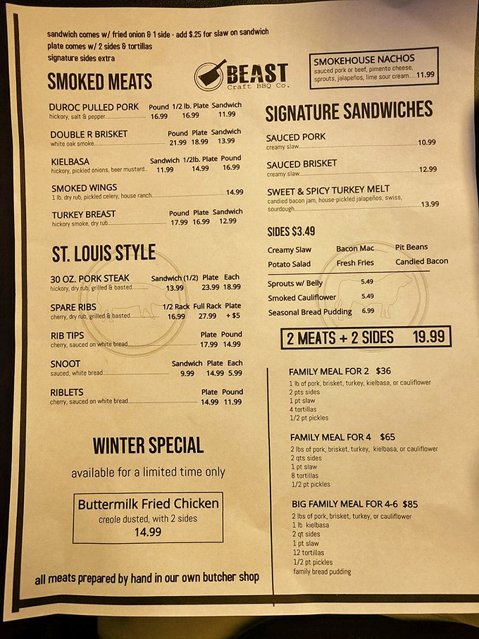 Behold, the sacred text of meat lovers! This menu isn't just a list; it's a roadmap to flavor town.