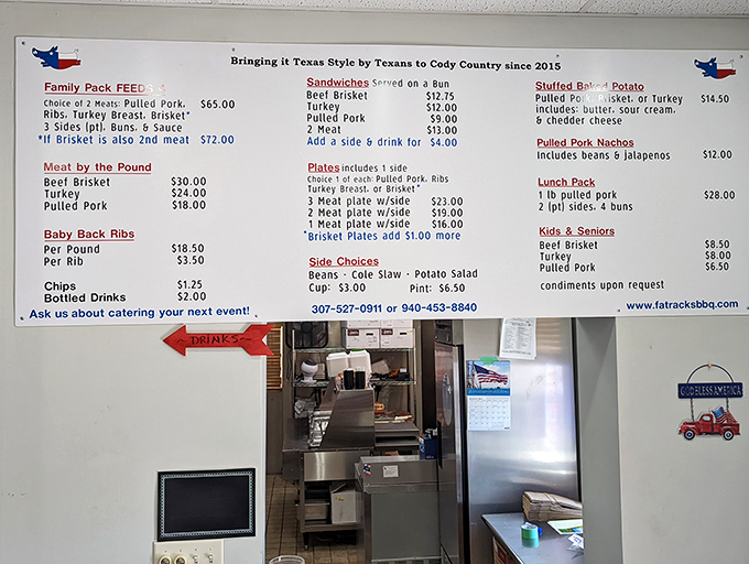 This menu isn't just a list of options&mdash;it's a roadmap to happiness. "Bringing it Texas Style by Texans to Cody Country since 2015" tells you everything you need to know.