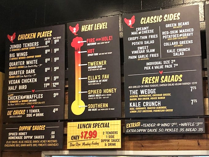 Decisions, decisions! This menu board is like a treasure map for your taste buds, with heat levels that'll make you sweat... or weep.