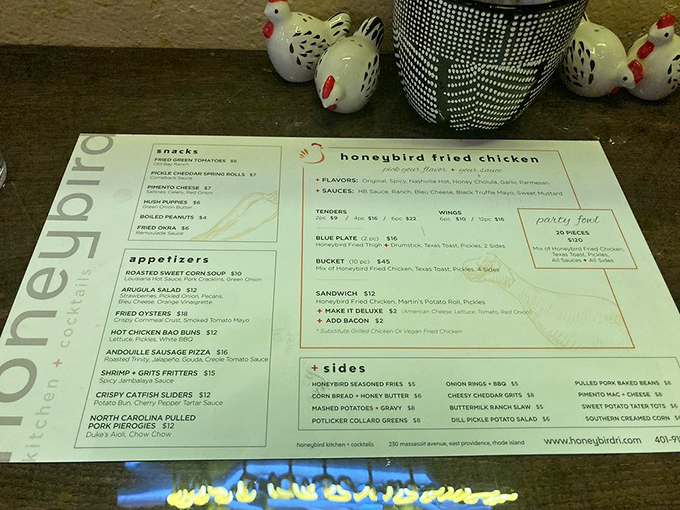 This menu isn't just a list&mdash;it's a roadmap to happiness. The "party fowl" section alone is worth the drive across state lines.