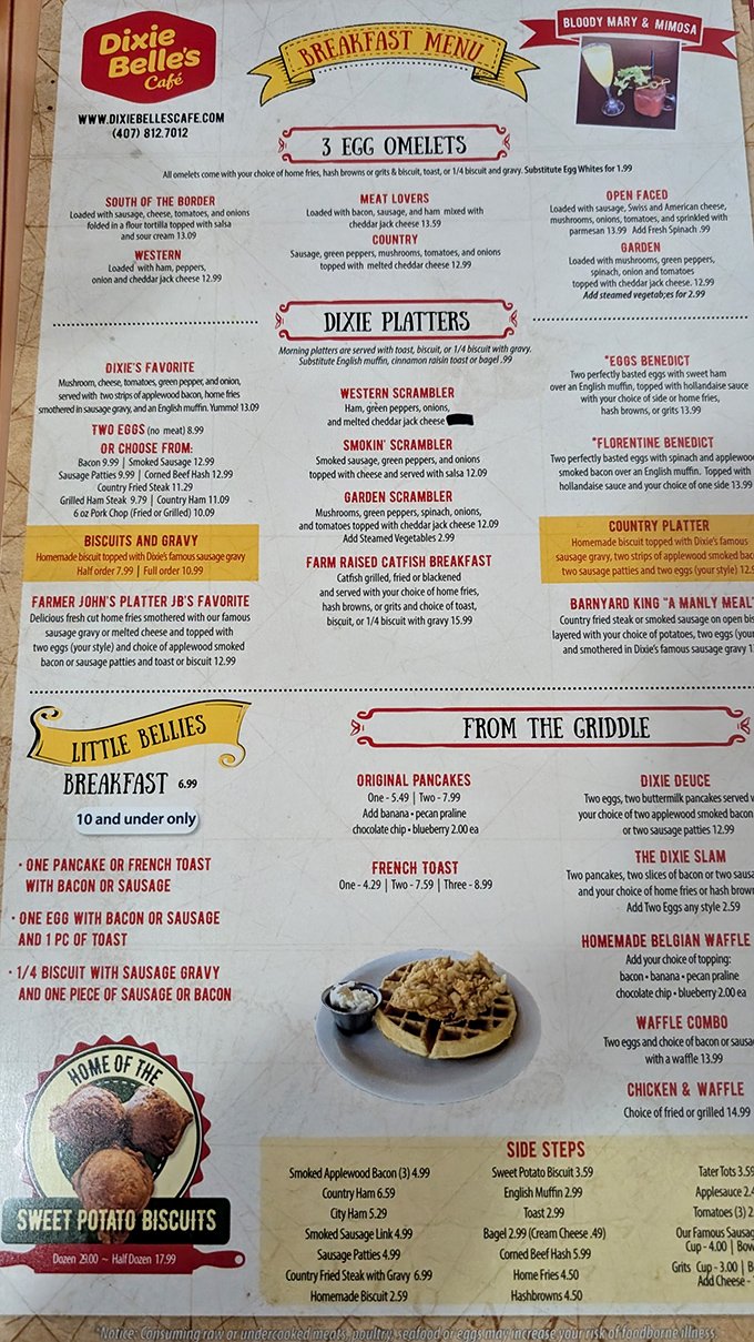 Behold, the menu of dreams! From "Smokin' Scrambler" to "Sweet Potato Biscuits," it's a roadmap to breakfast nirvana that'll have you planning your next visit before you've even ordered.