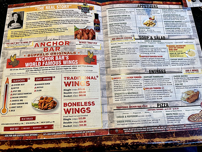 The menu tells "The Real Story" of how Teressa Bellissimo transformed unwanted chicken parts into America's most beloved bar food.