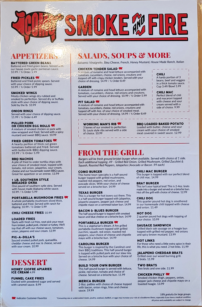 A menu that reads like a love letter to American comfort food. Each red chili pepper icon is basically saying, "Trust me on this one."