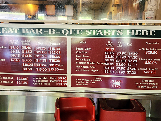 "Great Bar-B-Que Starts Here" isn't just a slogan &ndash; it's the understatement of the century. Menu board poetry.