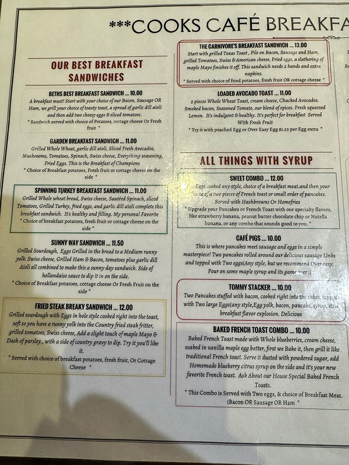 Behold, the sacred text of breakfast! This menu is like a roadmap to flavor town, with detours through Syrup City and Bacon Boulevard.