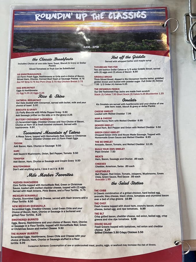 This menu reads like a love letter to breakfast classics, with "Tucumcari Mountain of Taters" promising a summit worth conquering.