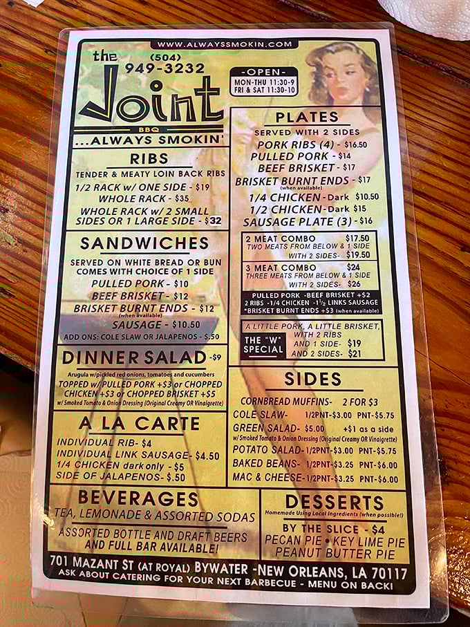 This menu isn't just a list; it's a roadmap to flavor town, with pit stops at Rib Avenue and Brisket Boulevard.