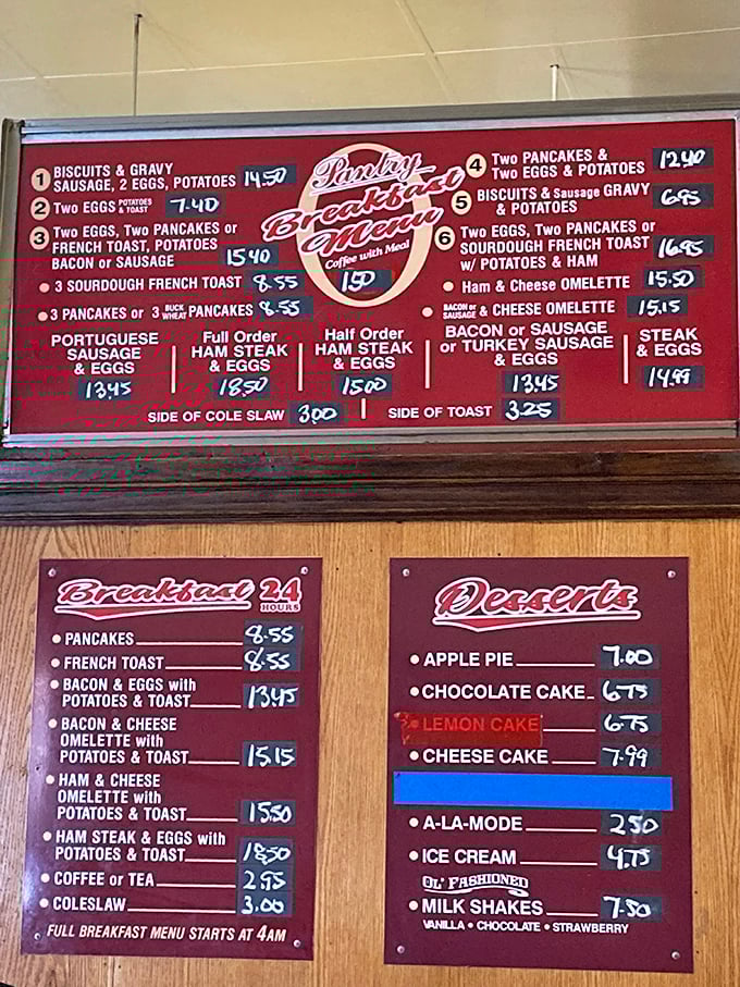 This menu board isn't just a list of options&mdash;it's a historical document. Notice how breakfast is served 24 hours? That's not a gimmick, that's salvation.