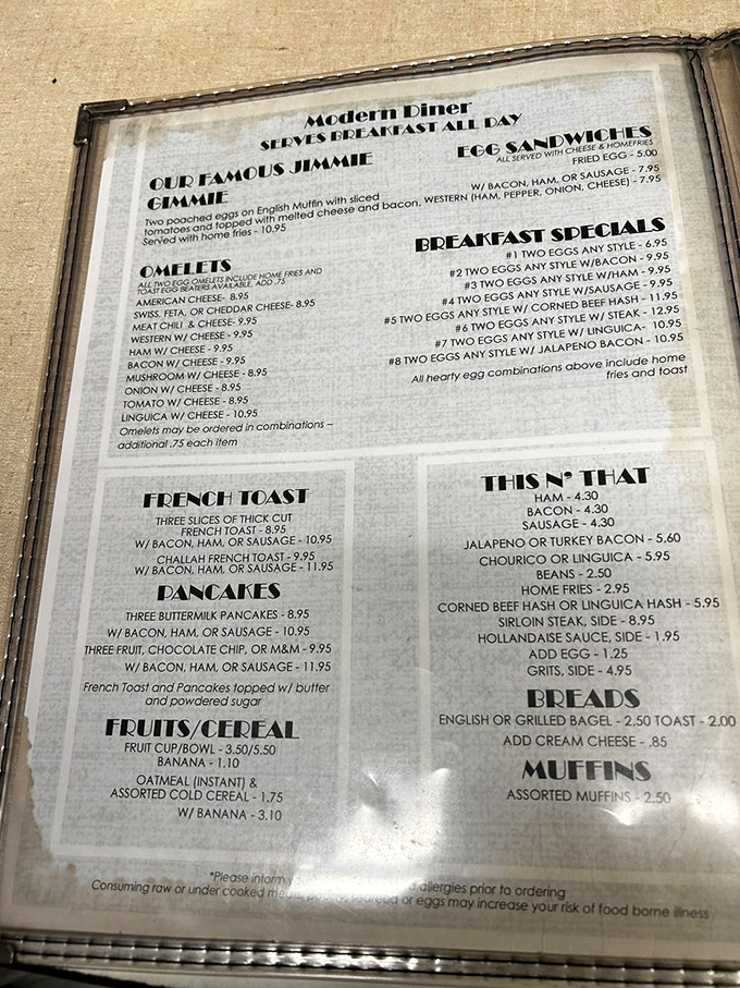The menu reads like a love letter to breakfast classics. That famous Jimmie? It's the reason alarm clocks were invented.