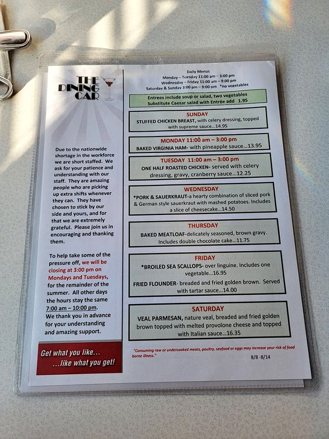 The daily specials menu reads like a love letter to comfort food classics. Thursday's meatloaf with chocolate cake? Now that's my kind of pairing!